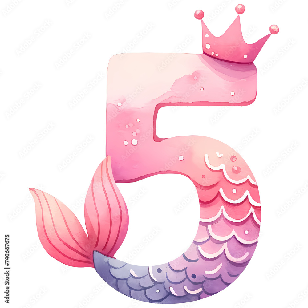Pink Mermaid Tail Number Five Illustration a whimsical with a mermaid ...