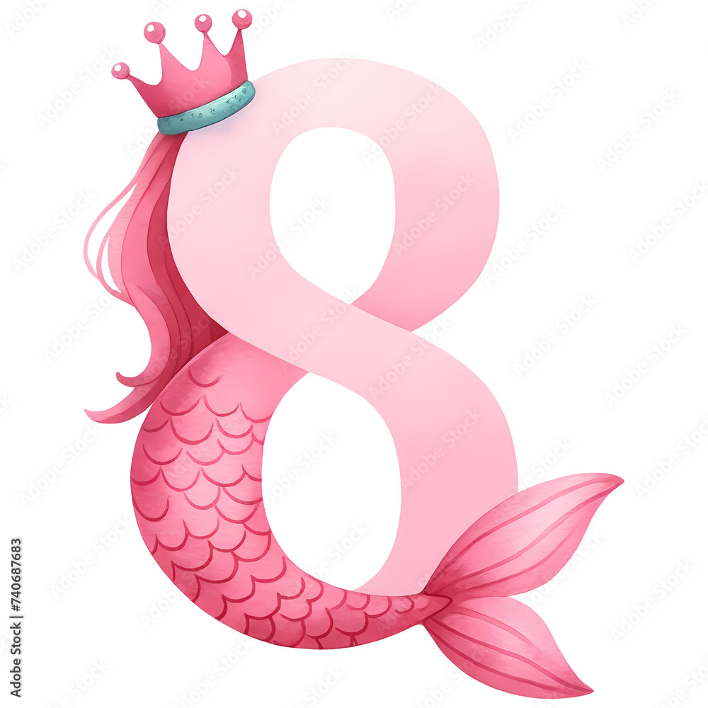 Pink Mermaid Tail Number Eight Illustration a whimsical with a mermaid ...