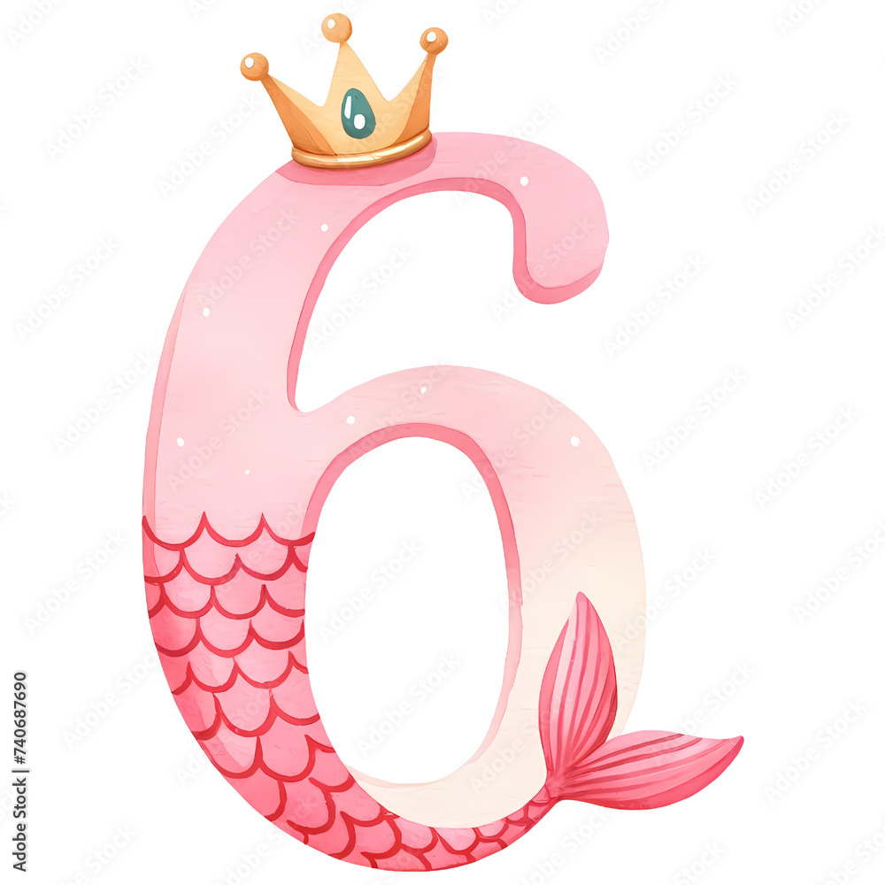 Pink Mermaid Tail Number Six Illustration a whimsical with a mermaid ...