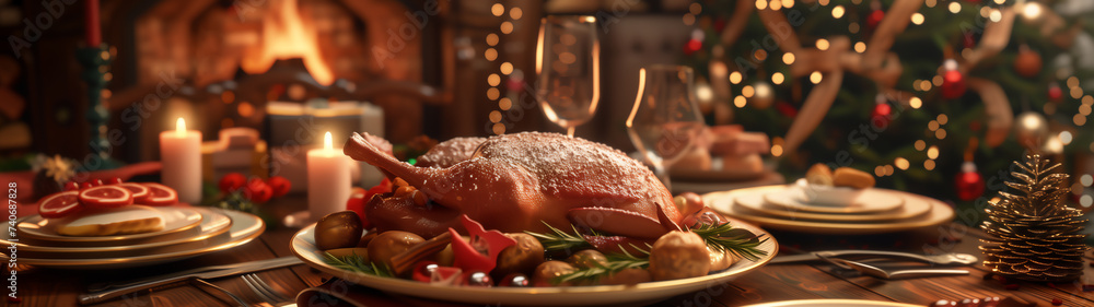 Christmas day dinner on a table complete with a turkey, wine and ...