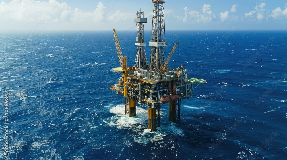 Aerial view of a majestic ocean drilling rig in the deep blue sea ...