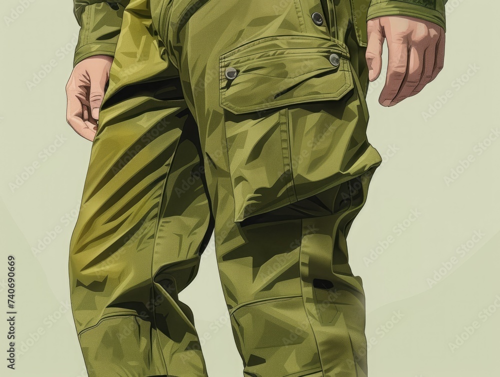 A detailed, hyper-realistic image of olive green cargo pants with a ...
