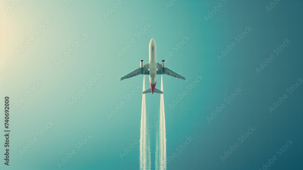 Commercial jet flying over clouds, plane in blue sky, Passenger civil ...
