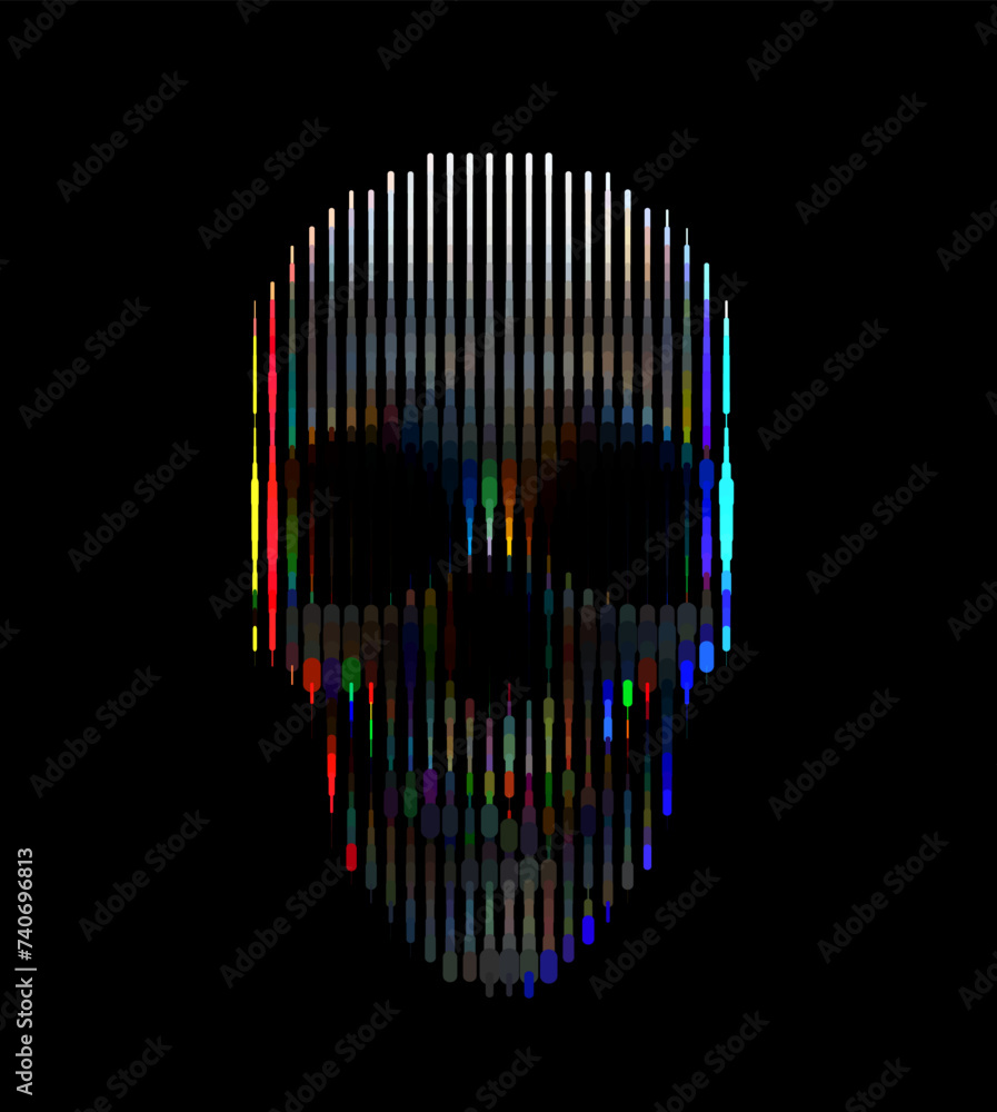 Vector line art skull. Digital glitch art with pixelated stripes . Dark ...