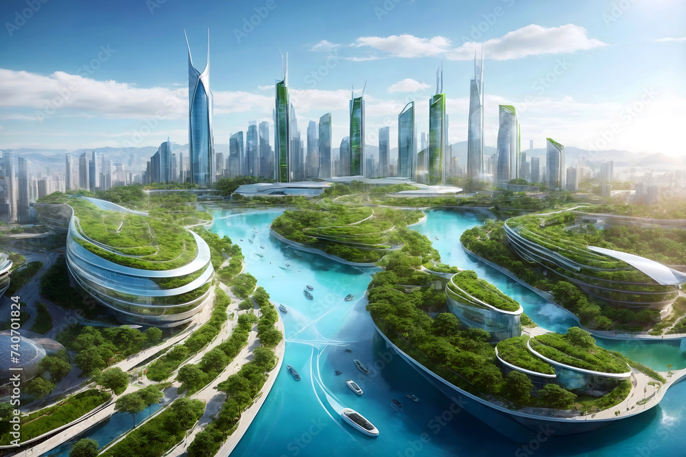 Eco friendly sustainable green city of the future, futuristic cityscape ...