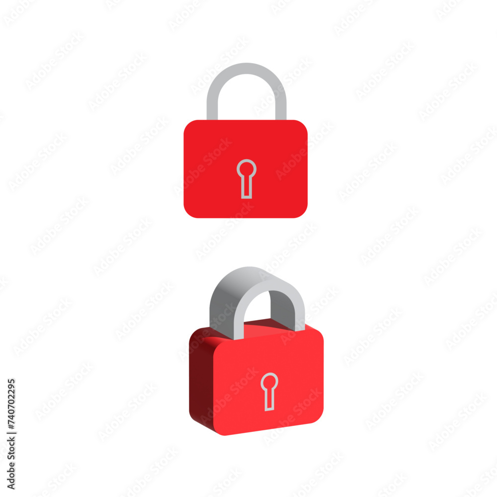 3d and flat red padlock isolated on a transparent background, security ...