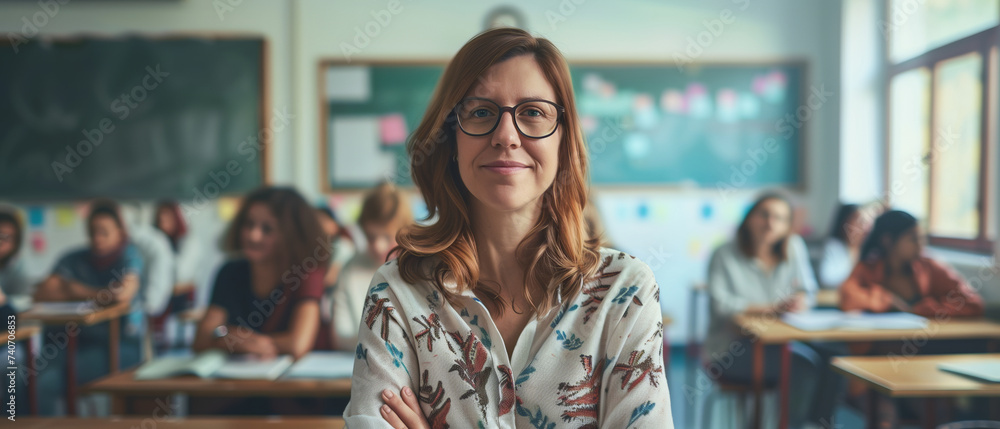 Confident Female Teacher Standing with Crossed Arms in a Busy Classroom ...