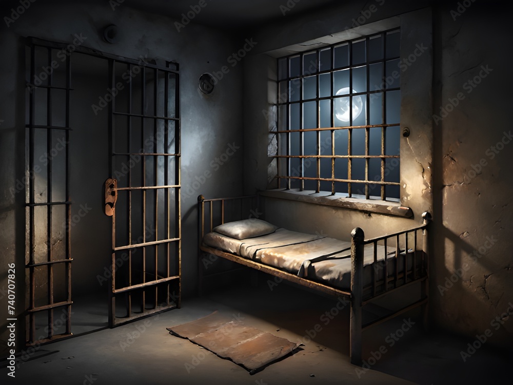 empty prison cell room with bed and prison cell. Stock Illustration ...
