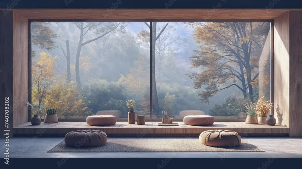 Vidéo Stock A wooden window frames a breathtaking view of trees in the ...