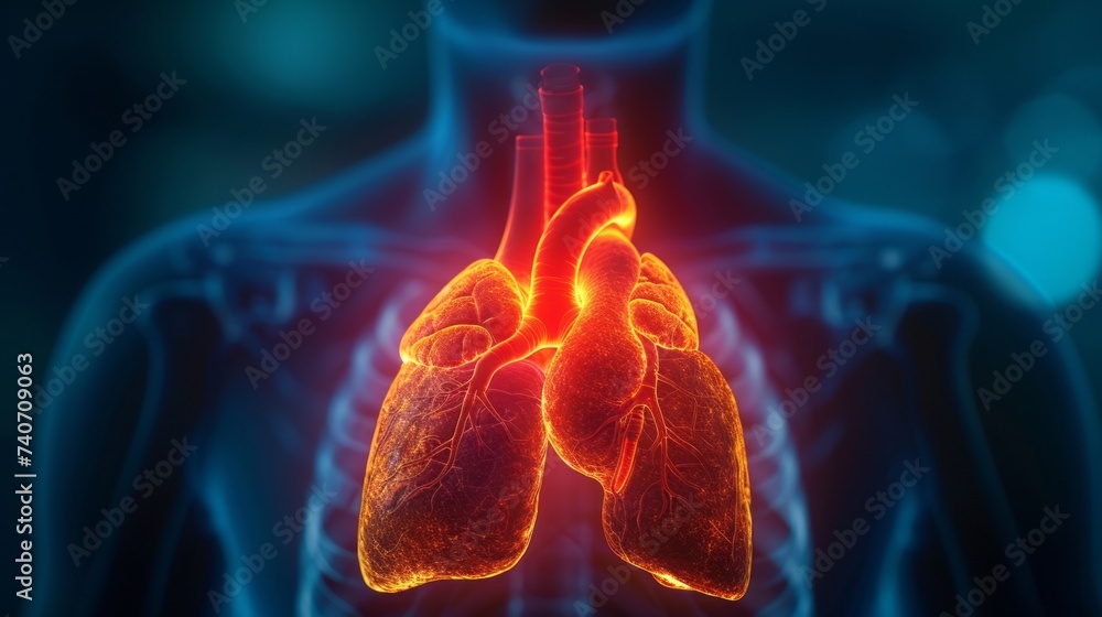 3D image of human lungs. A futuristic image of the human respiratory ...