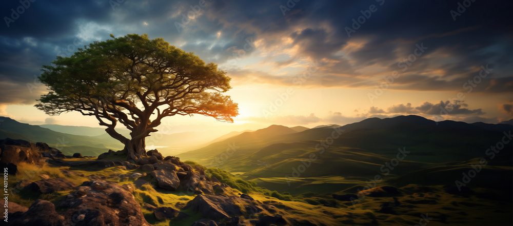 A single, proud tree stands defiantly atop a towering mountain peak ...