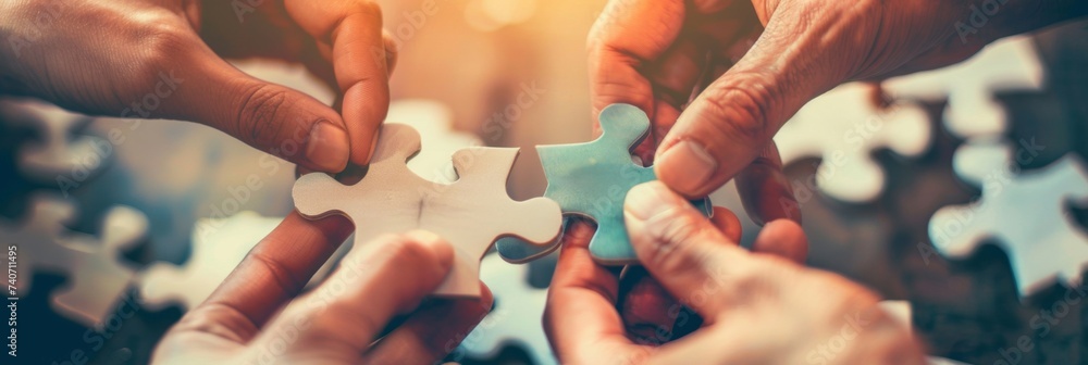 Teamwork Puzzle Connection - Close-up of diverse hands connecting puzzle pieces symbolizing ...