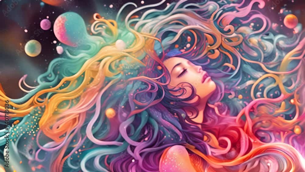 Painting of woman captured with flowing hair in motion. Artwork ...