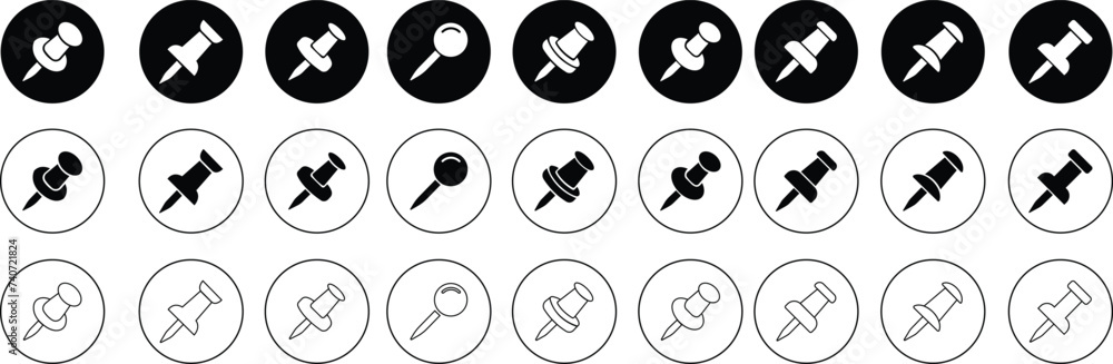 Push pin icons set. Thumbtack for note attach. Paperclip symbol Pushpin ...