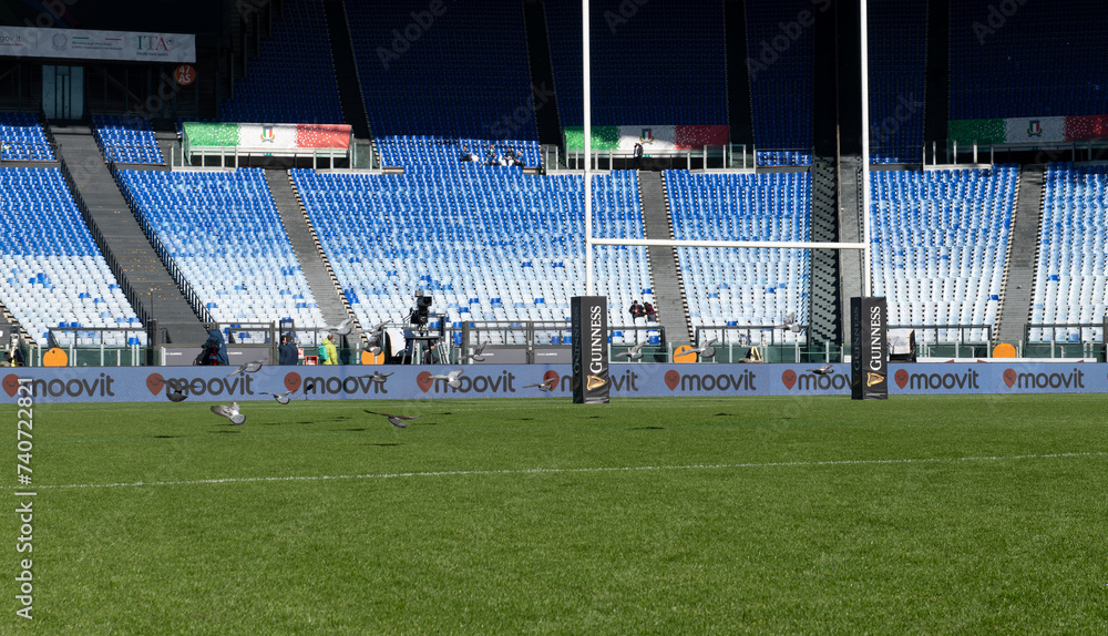 Empty rugby stadium with goal posts and seating, Olympic stadium Rome ...