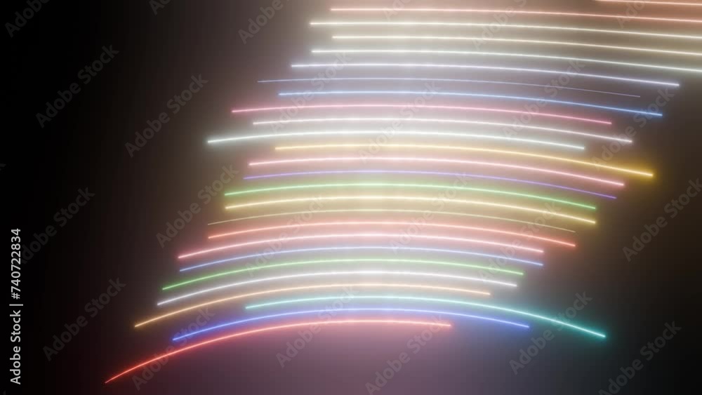 3d animation, abstract black background neon curves wall lines with ...