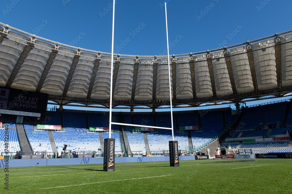 Empty rugby stadium under blue sky, Olympic stadium, Rome Stock Photo ...
