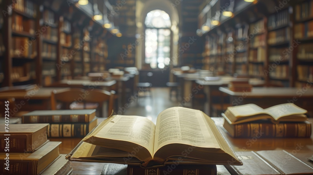 Education learning concept with opening book or textbook in old library ...