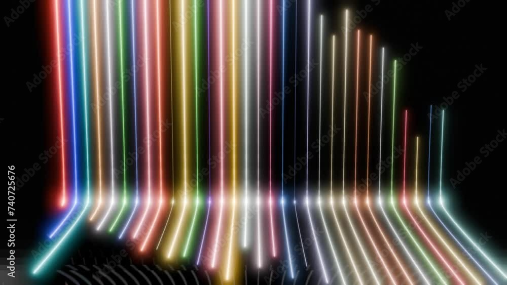 3d animation, abstract black background neon curves wall lines with ...