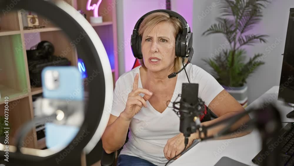 Cheerful middle age blonde woman streamer sparks smart idea during ...