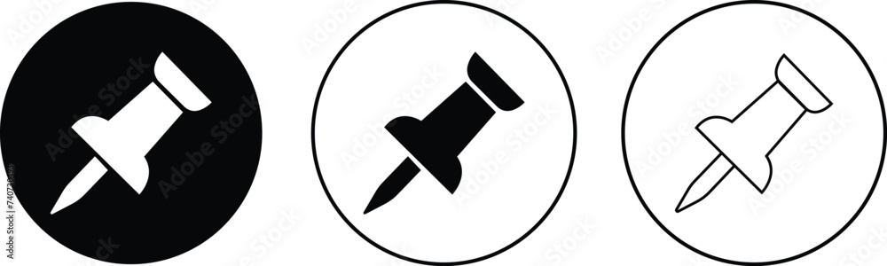 Push pin icons set. Thumbtack for note attach. Paperclip symbol Pushpin ...