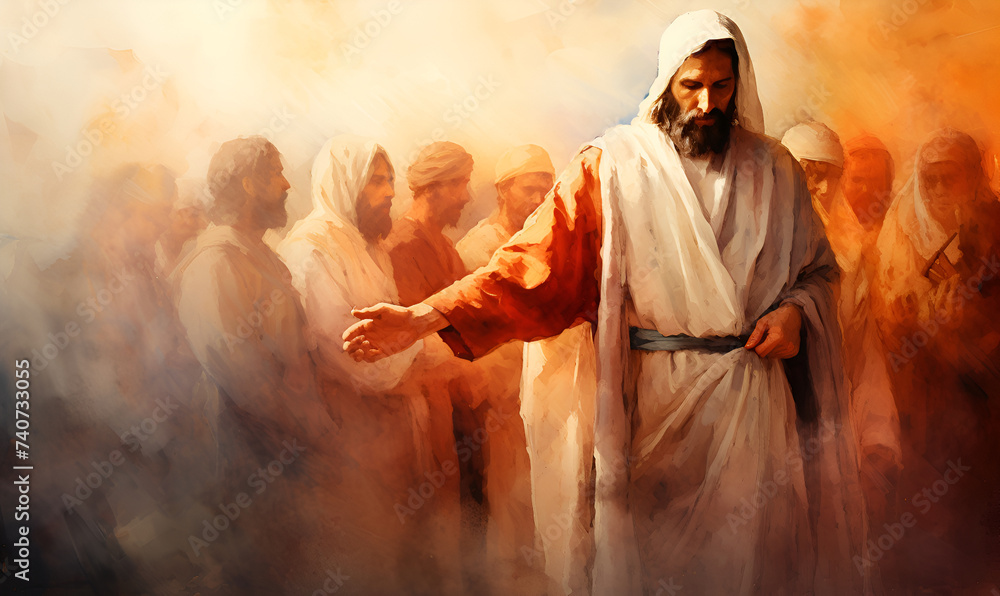 Biblical picture. Jesus with people. Watercolor illustration in pastel ...