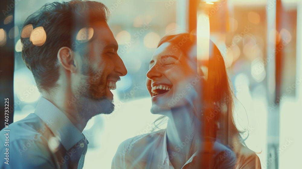 Business partners laughing and sharing a light moment, with their ...