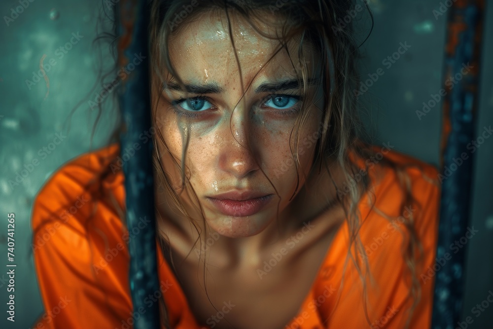 Woman with blue eyes and tear-stained cheeks behind metal bars, wearing ...