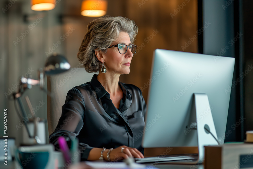 Confident Professional Woman at Computer Desk. A poised and confident ...