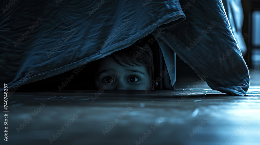 Monster Under the Bed: A toddler peeking under the bed, imagining a ...