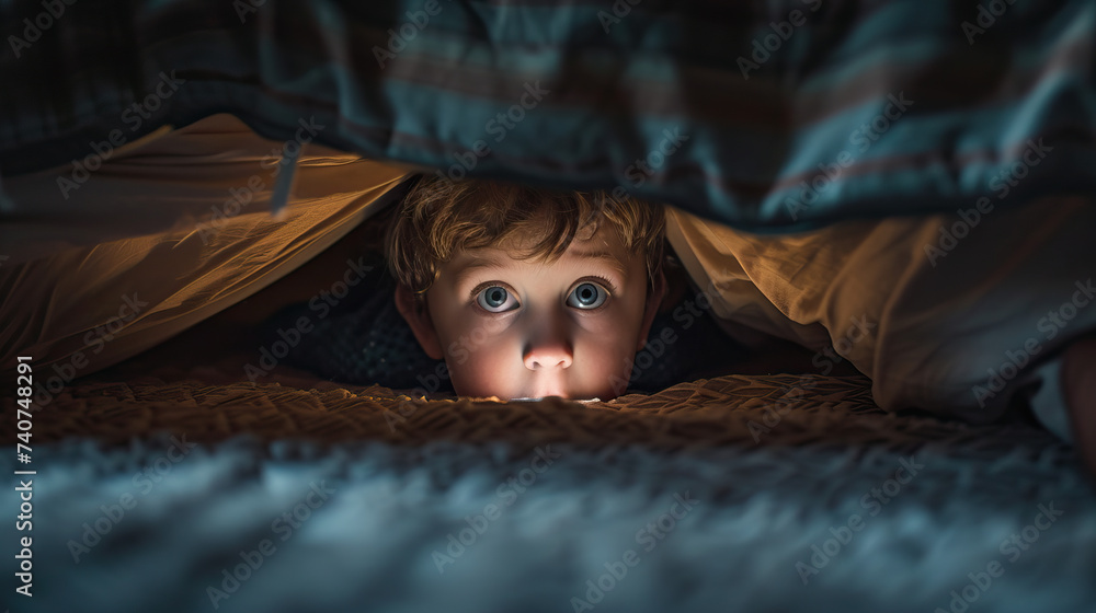 Monster Under the Bed: A toddler peeking under the bed, imagining a ...