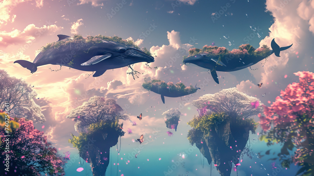 Flying Whales: Surreal Digital Collage. Floating Islands and Giant ...