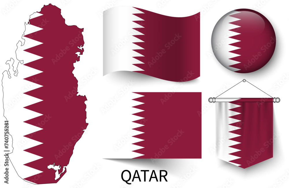 The various patterns of the Qatar national flags and the map of Qatar's ...