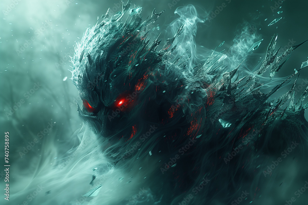 Hyper-realistic demon model with red eyes, sharp spikes all over, and ...