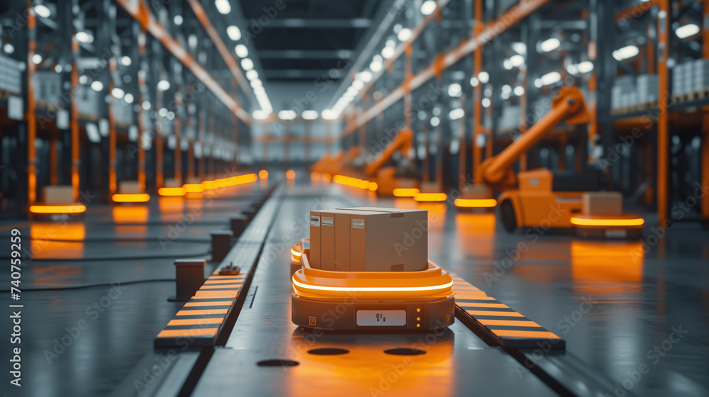 Automated Guided Vehicles (AGVs) transport packages efficiently alongside robotic arms in a high ...