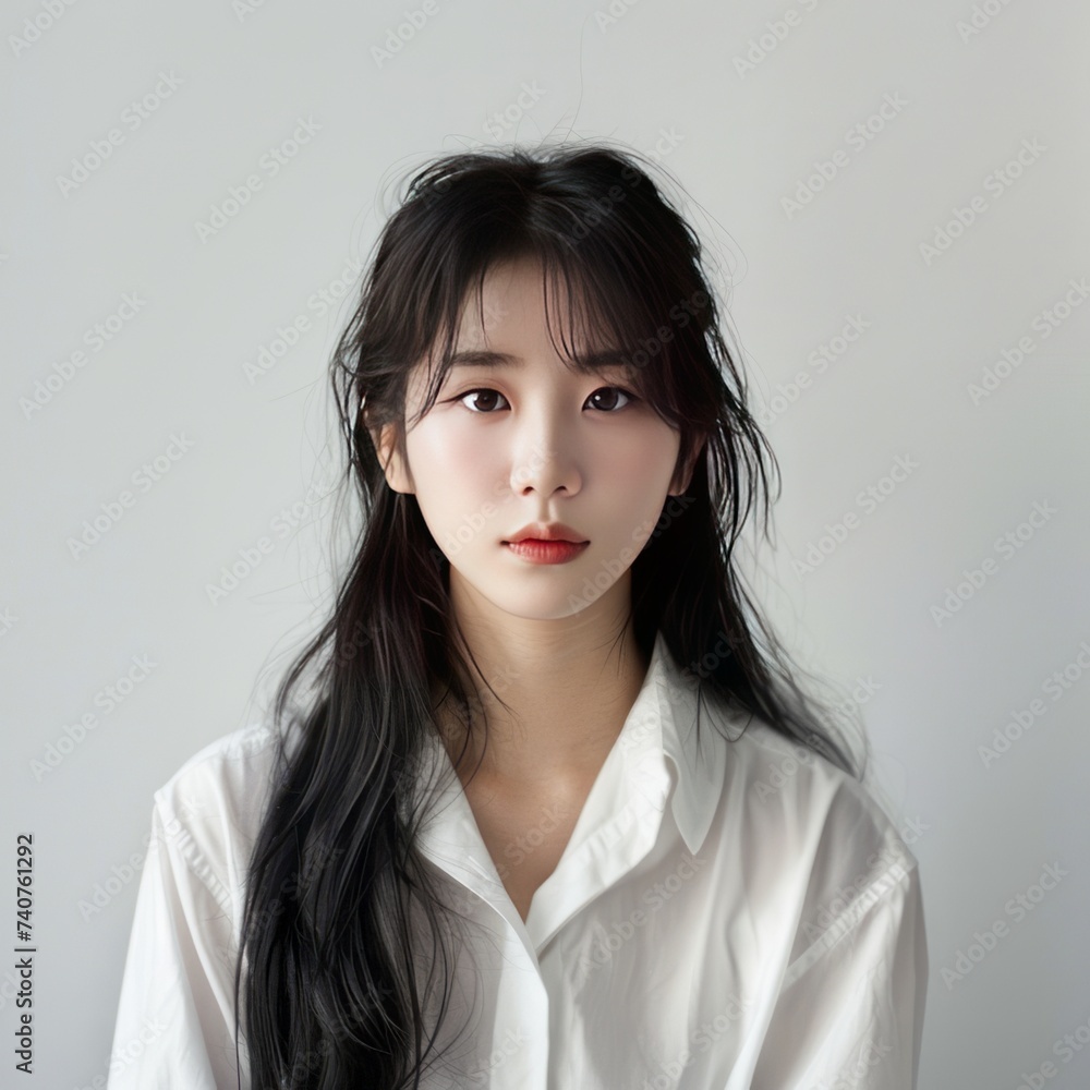 formal id photo of a korean woman in her mid-20s in formal white shirt ...