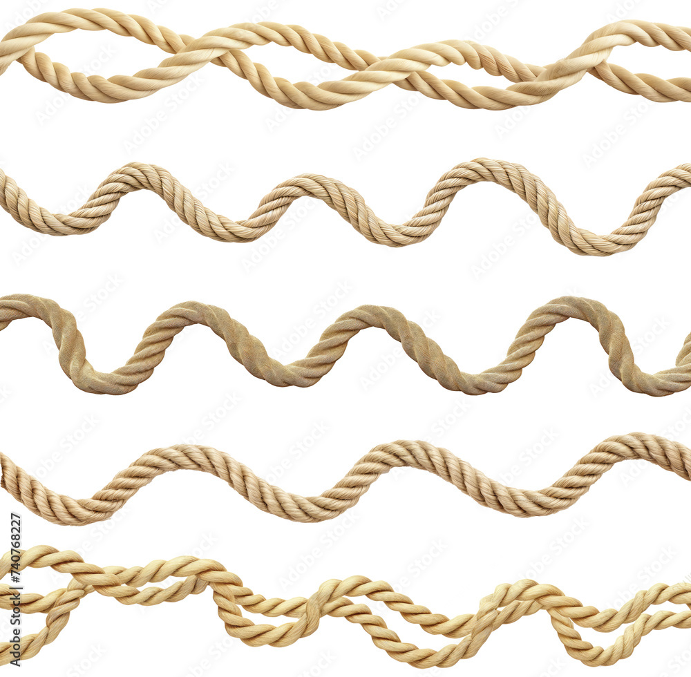 twisted ropes. Continuous horizontal ropes. Collection isolated on a ...