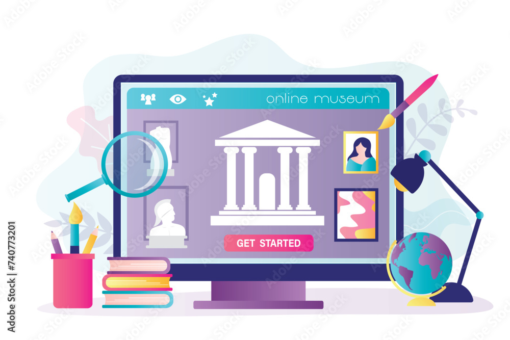 Virtual museum on modern computer monitor. Art exhibition with computer ...