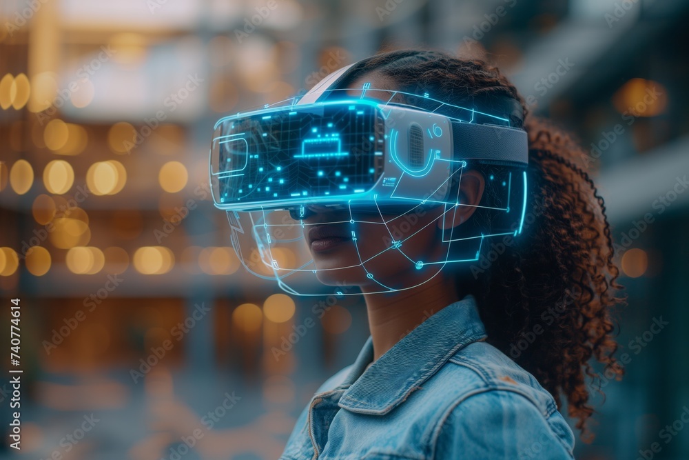 VR goggles wearing on a woman face with hi tech, VR glasses, blue ...