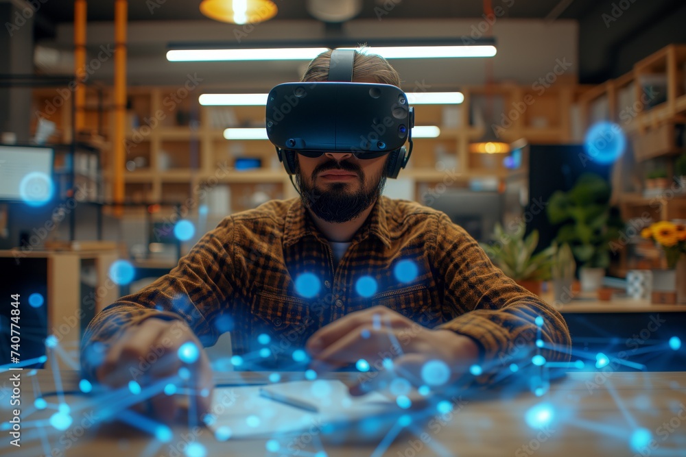 VR goggles wearing on a man face with hi tech, VR glasses, blue ...