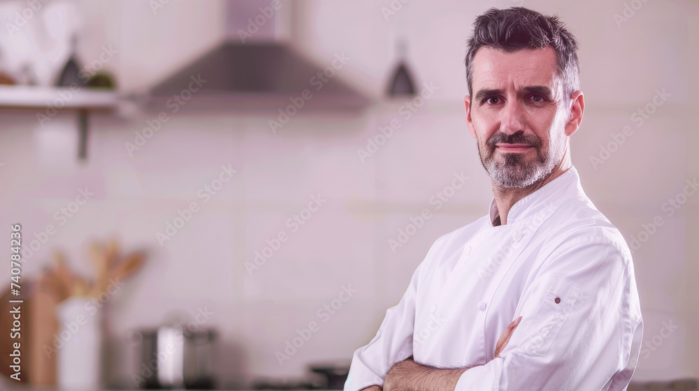 A skilled chef stands proudly against the wall in his crisp uniform ...
