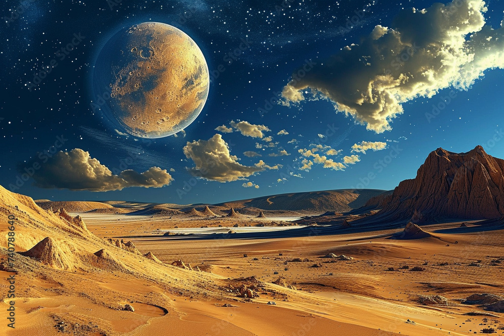 Artistic rendering of an extraterrestrial desert combining elements of ...