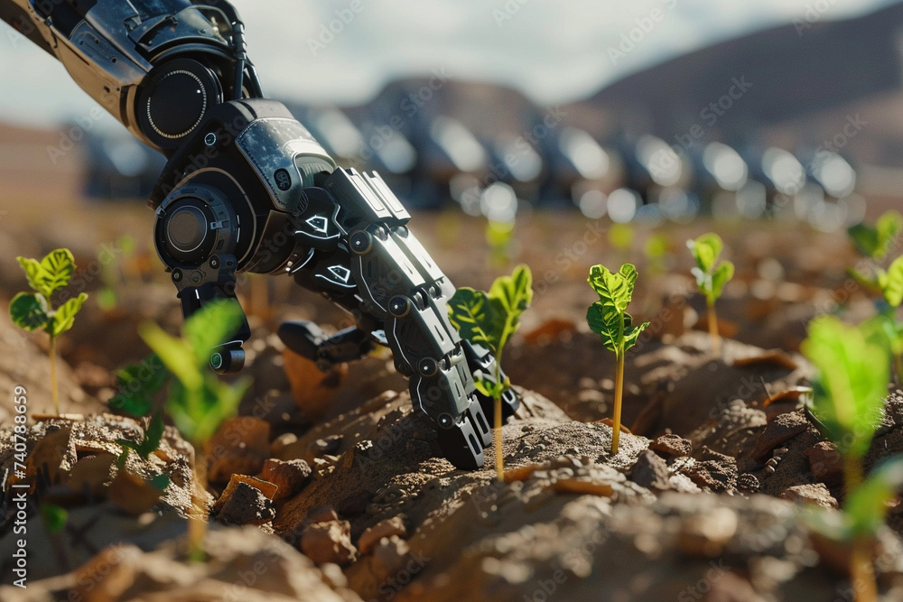 Close up of a robotic arm planting seedlings in a desert farm equipped ...