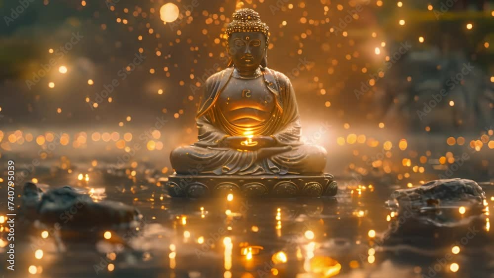 Buddha meditating among lotus flowers on water. Sparkling lights calm ...