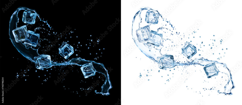 Vecteur Stock Water splash with ice cubes and splatters. Isolated 3d ...