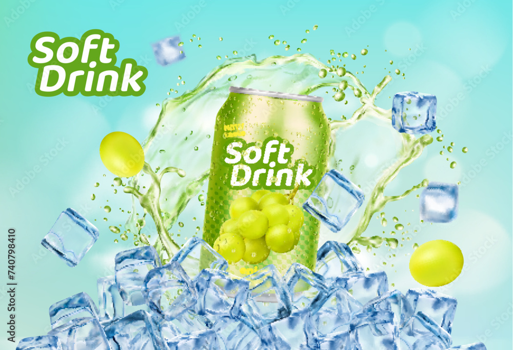 Grape drink can with ice cubes and splash, realistic vector for ...