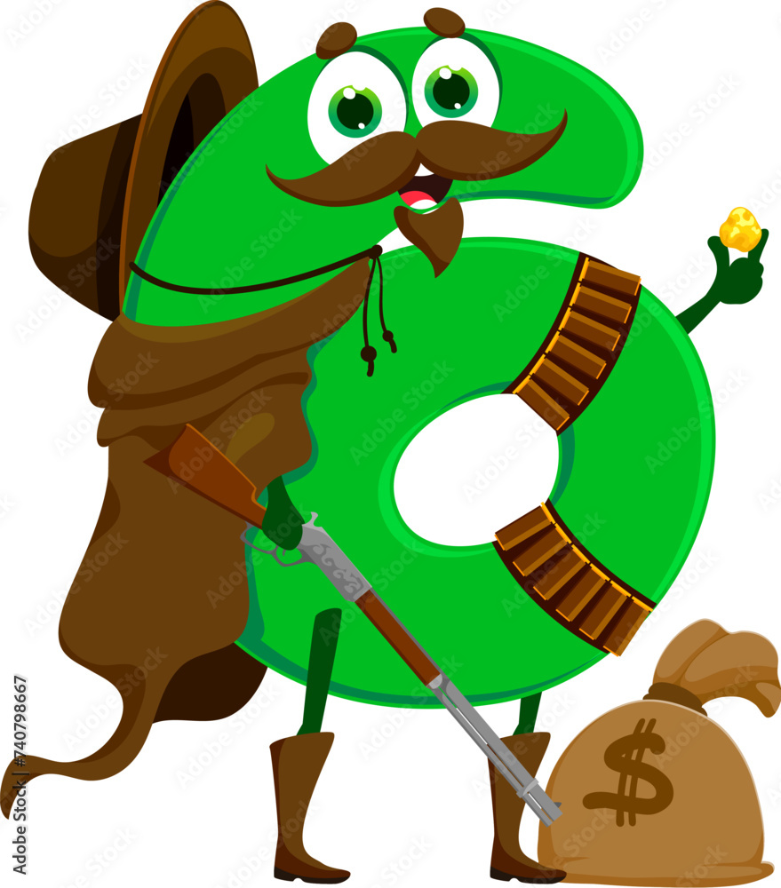 Cartoon cowboy and robber math number six character with money sack and ...