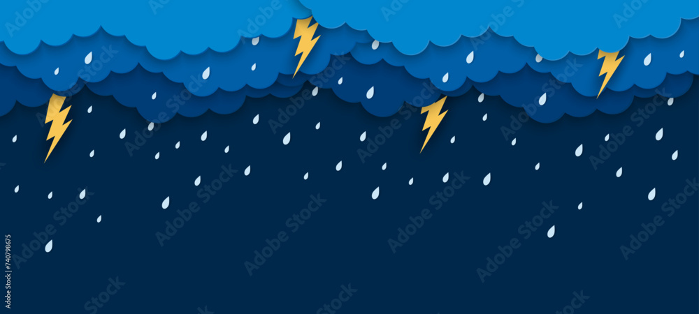 Paper cut rain clouds with lightnings and rain drops. Vector 3d ...