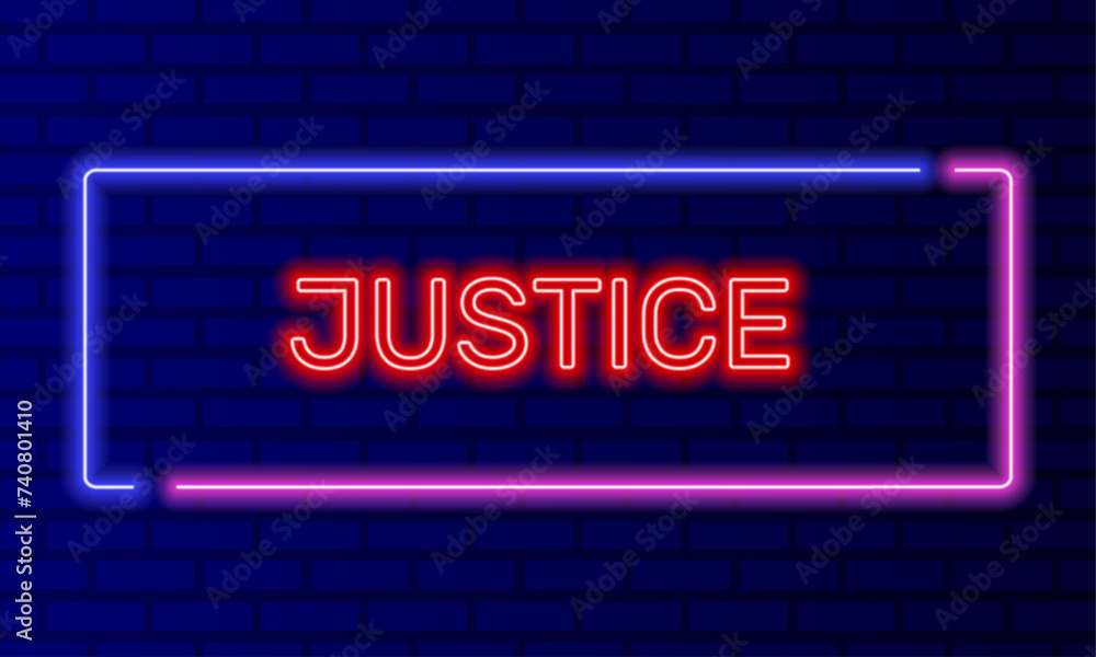 Neon sign justice in speech bubble frame on brick wall background ...