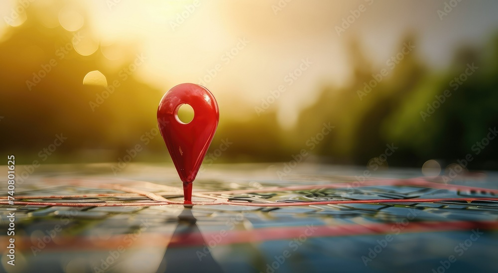 Location marking with a pin on a map with routes. Adventure, discovery ...